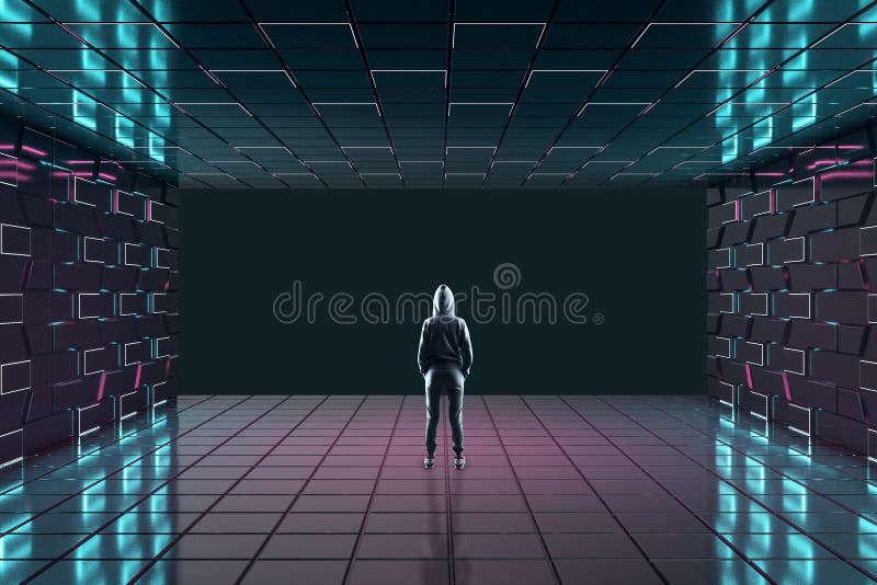 Back View of Hacker in Modern Illuminated Dark Room Interior with ...