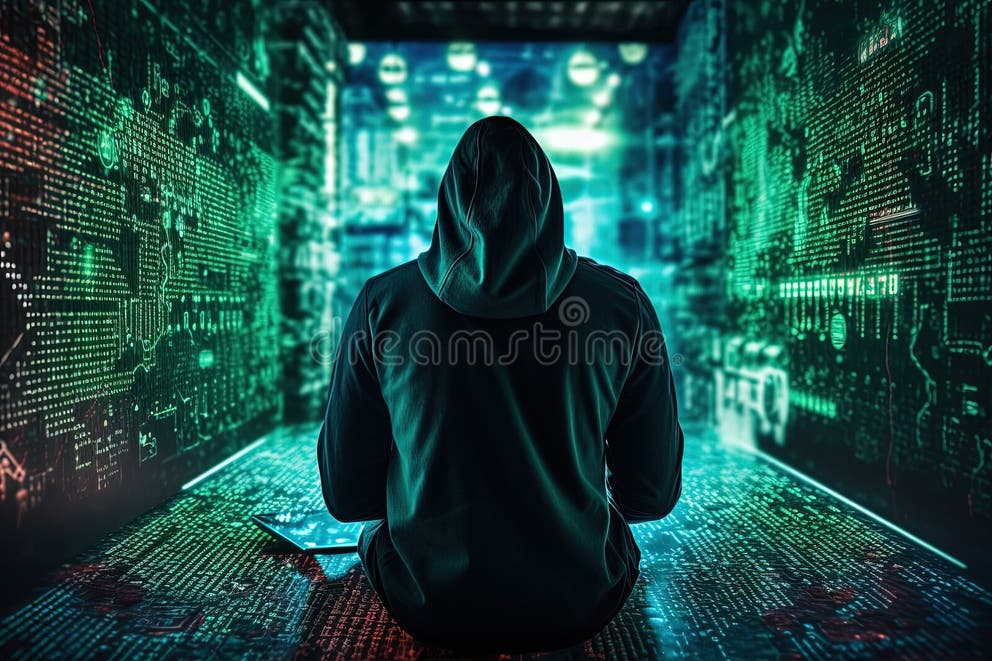 Back View of a Hacker in the Process of Hacking the Net. Stock ...