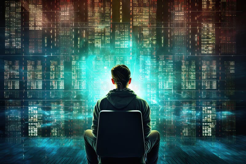 Back View of a Hacker in the Process of Hacking the Network. Stock ...