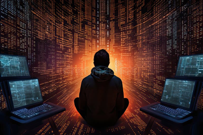 Back View of a Hacker in the Process of Hacking the Network. Stock ...