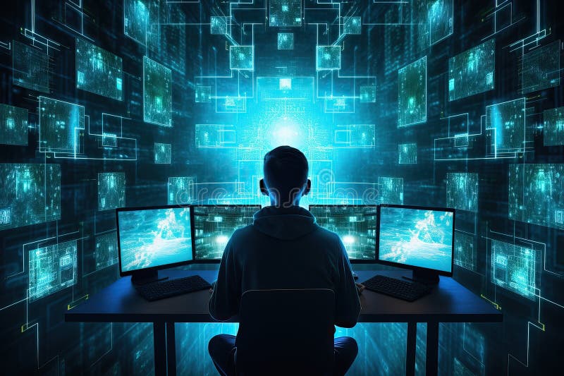 Back View of a Hacker in the Process of Hacking the Network. Stock ...