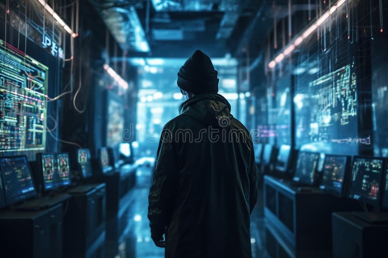 Back View of Hacker in Server Room. Concept Data Security Stock ...