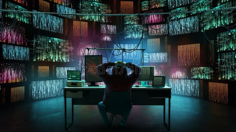 Back View of Hacker Sitting at Desk Surrounded by Cascading Encrypted Data on Multiple Screens ...