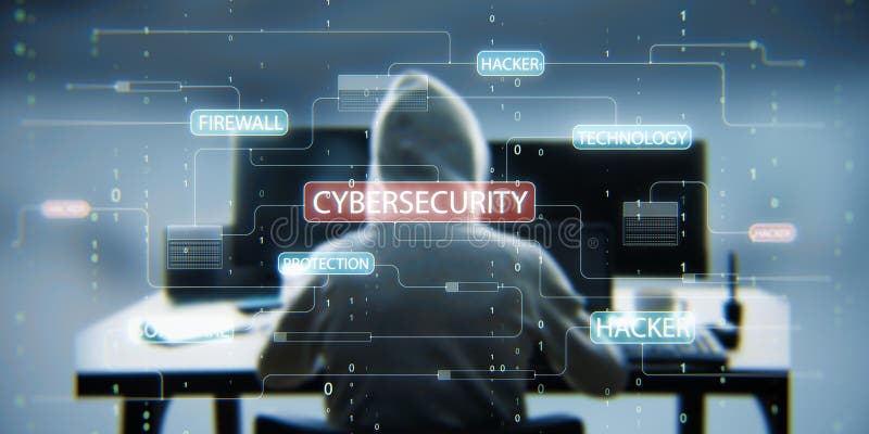 Back View Of Hacker Sitting At Desk And Using Computers With Glowing Hacking Hologram With