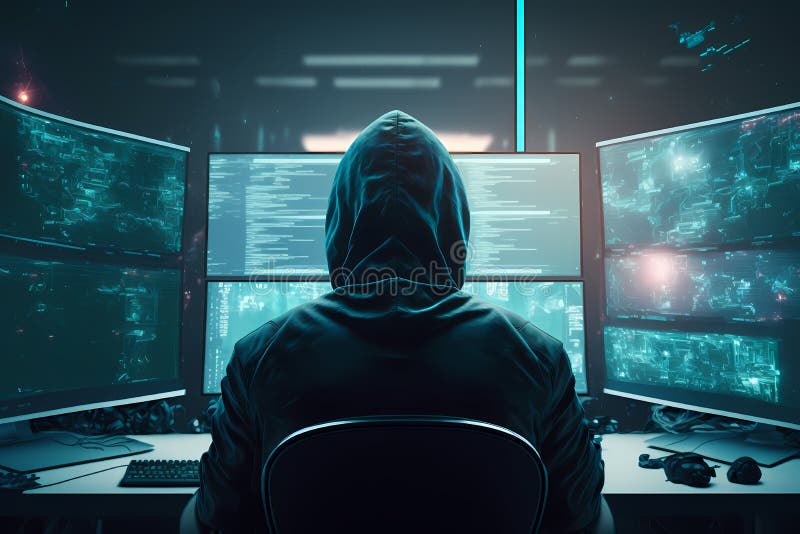 Back View Of Hacker Sitting In Front Of Computer Screen With Multiple Windows Open Multitasking