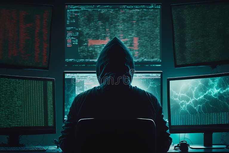 Back View Of Hacker Sitting In Front Of Computer Screen With Multiple Windows Open Multitasking