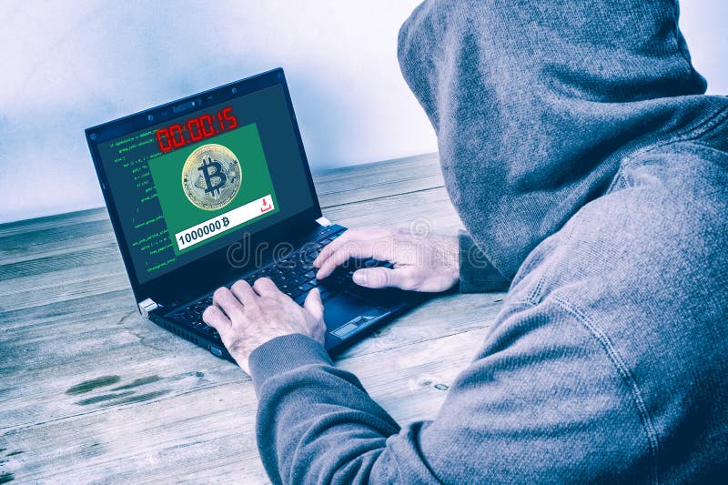 Back View of a Hacker Stealing Bitcoins Stock Image - Image of ...