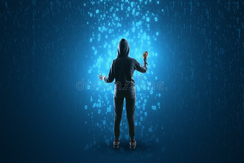 Back View Of Hacker Using Abstract Glowing Binary Code Hologram On Background Programming