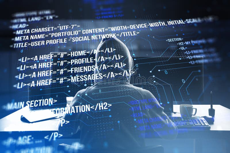 Hacker at Desk Using Computers with Creative Glowing Blue Map Hologram with Chart and Grid on ...