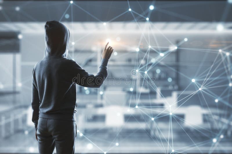 Back View of Hacker Using Creative Glowing Blurry Plexus on Blurry ...