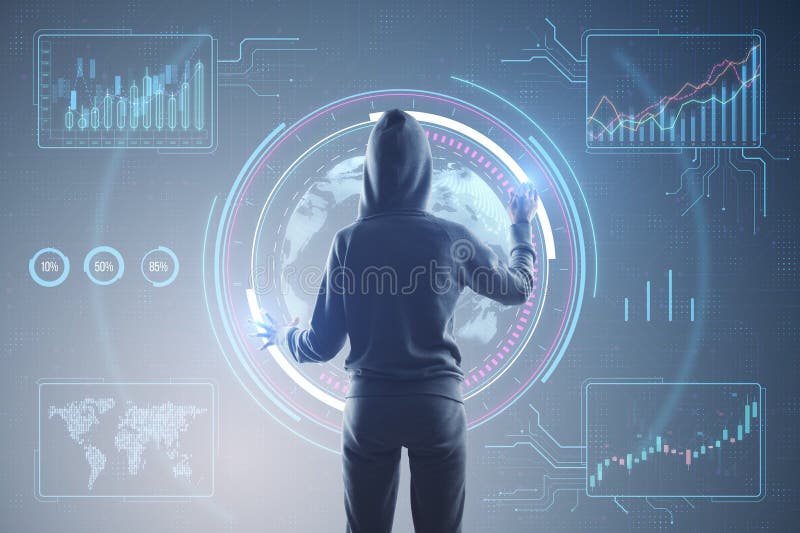 Back View of Hacker Using Digital Business Interface on Gray Background. Hacking and Dashboard ...