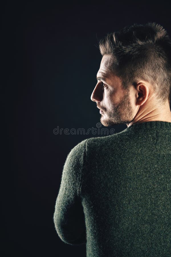 Back View of Handsome Man in Dark Background Stock Image - Image of ...