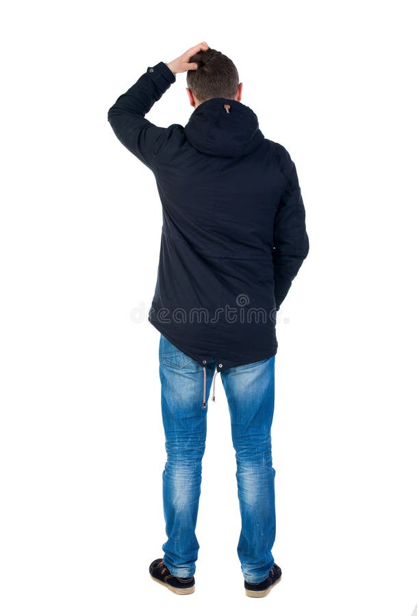 Back View of Handsome Man in Winter Jacket Looking Up. Stock Image ...
