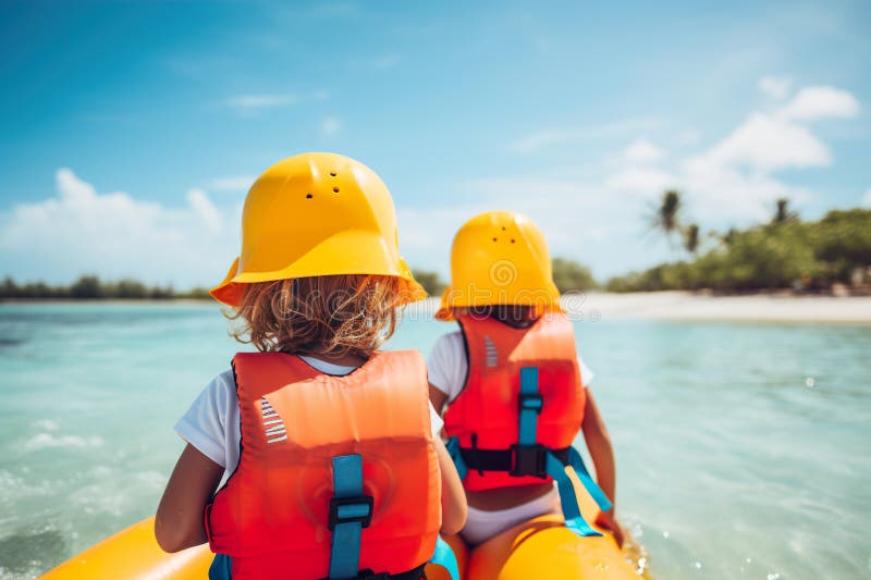 Back View Happy Children with Life Jacket on Boat at Tropical Beach ...