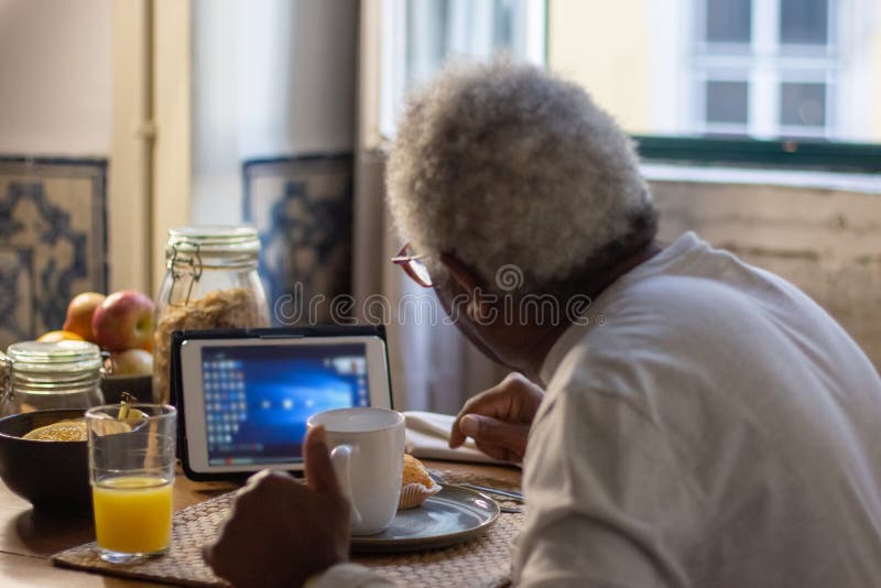 Back View of Happy Senior Man Resting with Digital Tablet Stock Image ...