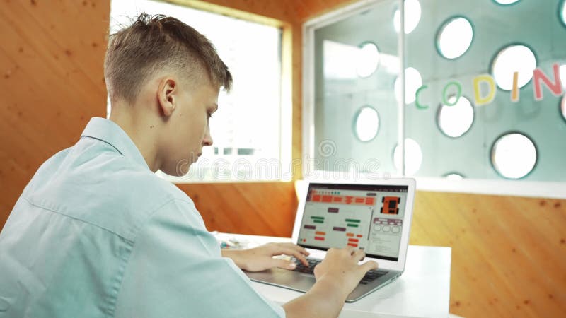 Back View of High School Student Working on Laptop Analysis Data ...