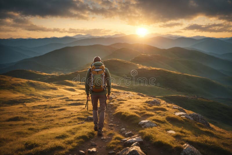 Back View Hiker with Backpack in the Mountains. Ai Generative Stock ...