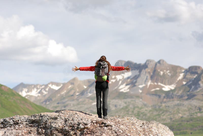 Back View of a Hiker Celebrating in the Mountain Stock Image - Image of ...