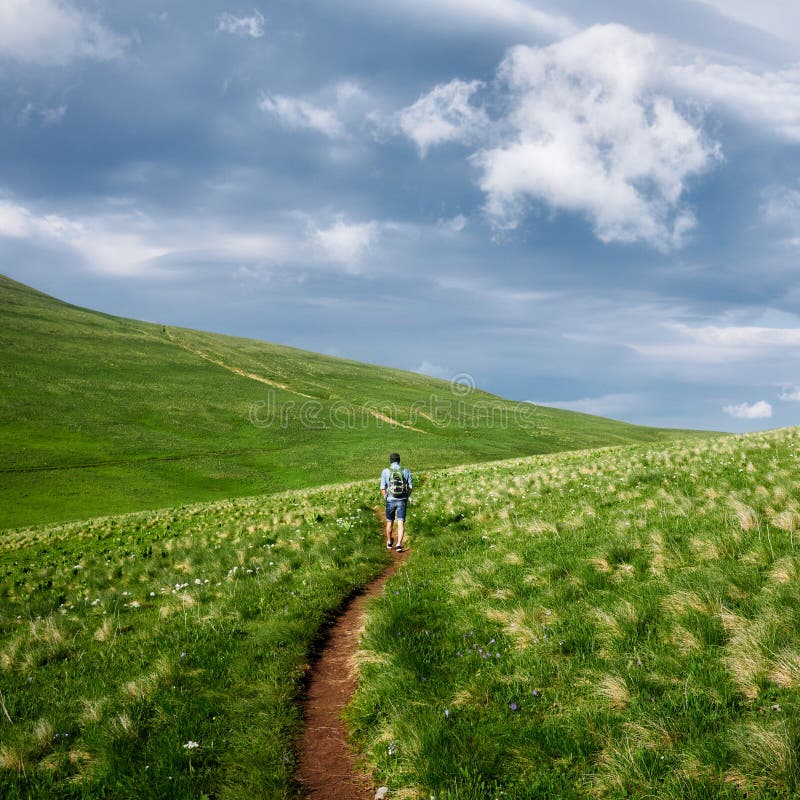 Back View Hiker Man with Backpack Going at Hilly Terrain Natural ...