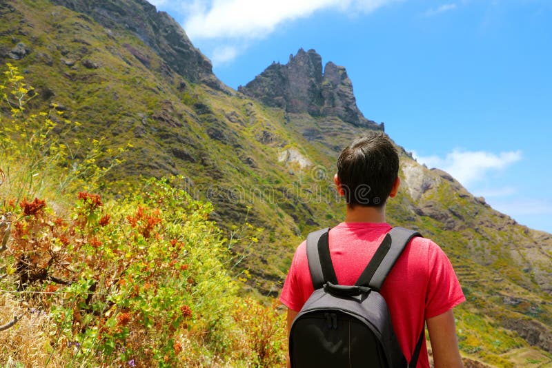 Back View Hiker Man Looking the Peak of Mountain Thinking that Much is ...