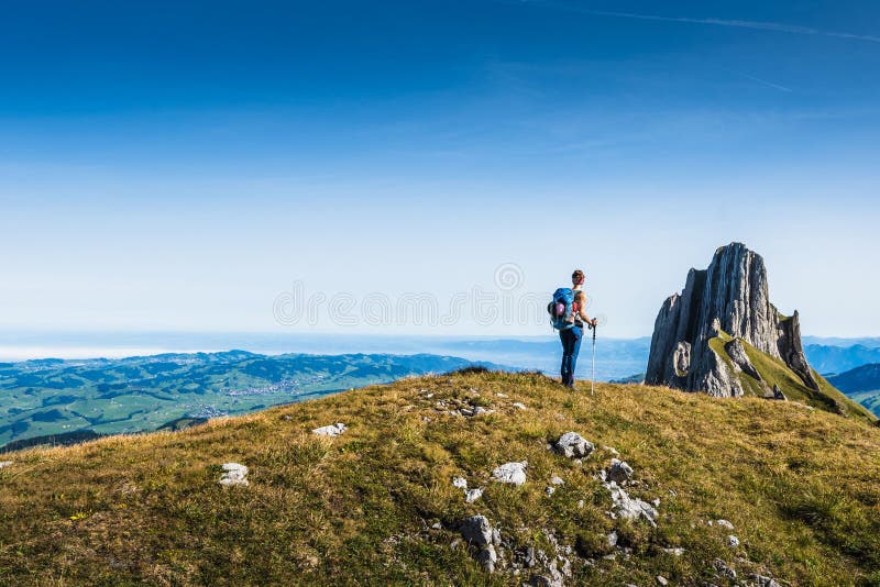Back View of Hiker Standing on Greenery Hill Stock Photo - Image of ...