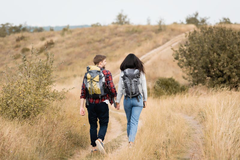 Back View of Hikers with Backpacks Stock Photo - Image of caucasian ...