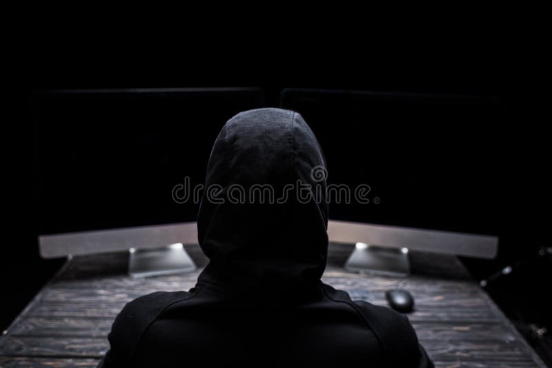 Back View of Hooded Hacker Sitting Stock Image - Image of secure, gdpr ...