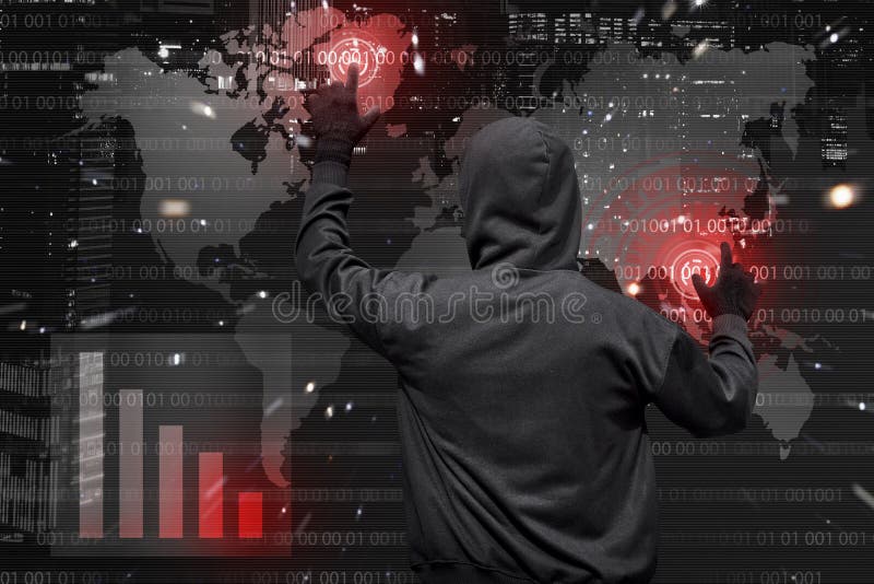 Back View of Hooded Hacker at Work with Virtual Graphic Stock Image ...