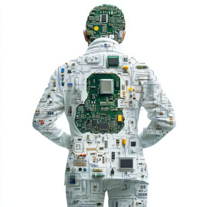 Back View of a Humanoid Figure Composed of Computer Components ...