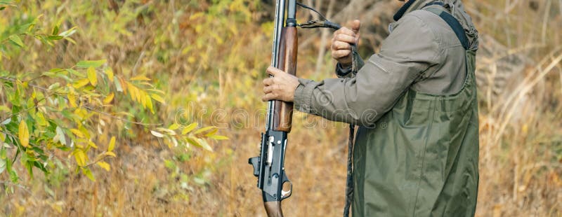 Back View of Hunter Carry Classic Rifle Shotgu in Forest F Stock Photo ...