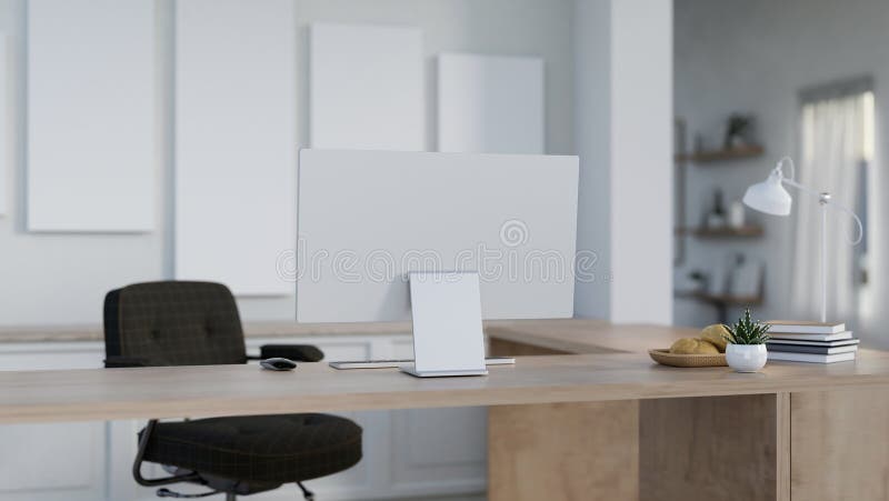 A Back View Image of a Computer Desk in a Contemporary Home Office or ...
