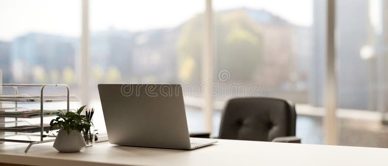 Back View Image of a Modern Minimal Bright Office with a Laptop ...