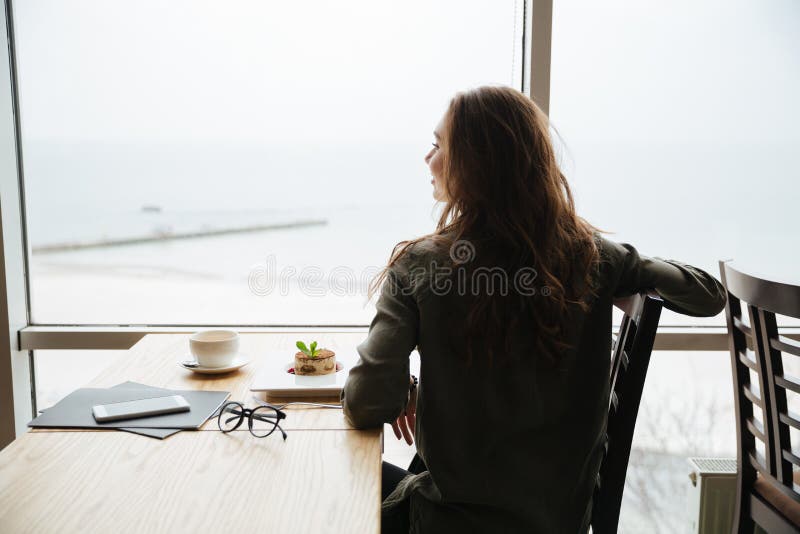 Back View Image of Young Pretty Lady Sitting in Cafe Stock Photo ...