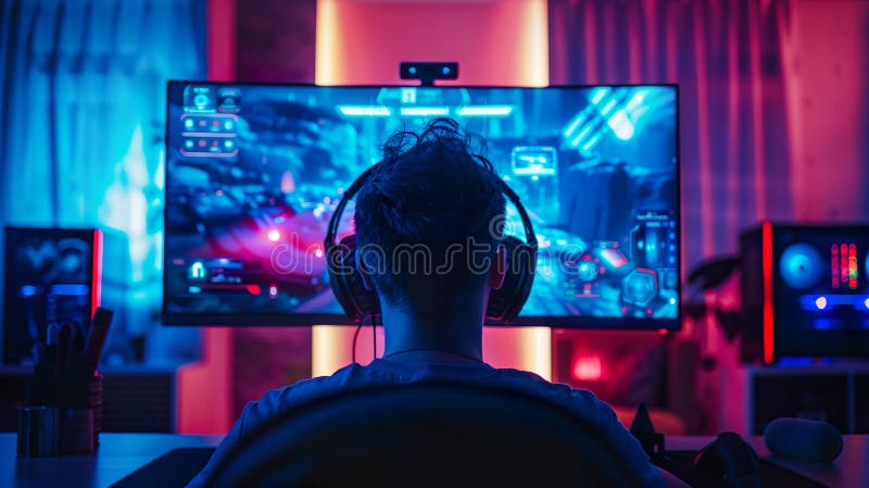 Back View of Immersive Gaming Setup with Headphones Stock Image - Image ...