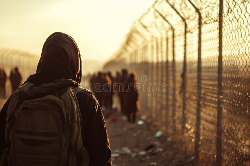 Back View of Immigrants at Border with Chain Link Fence Stock ...