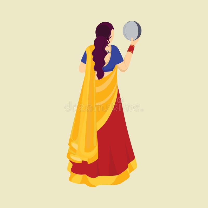 Back View of Indian Woman Holding Sieve in Standing Stock Illustration ...