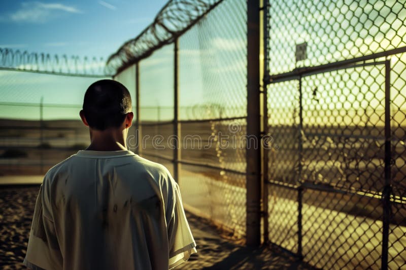 Back View of Inmate Facing Distant Fence Corner Stock Image - Image of ...