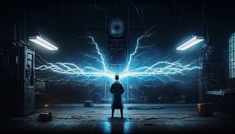 Back View of an Inventor, Electrical Researcher, in a Laboratory with ...