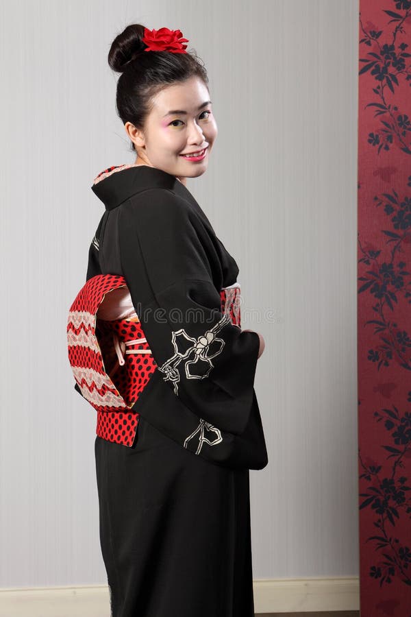 Back View Japanese Kimono on Happy Asian Model Stock Photo - Image of ...