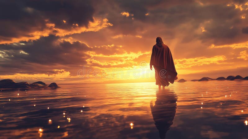 Back View of Jesus Christ Walking at Sea Shore Stock Illustration ...