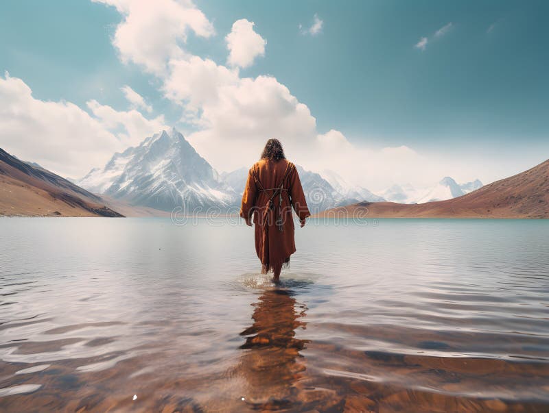 Back View of Jesus Christ Walking on Water at Sea Stock Photo - Image ...