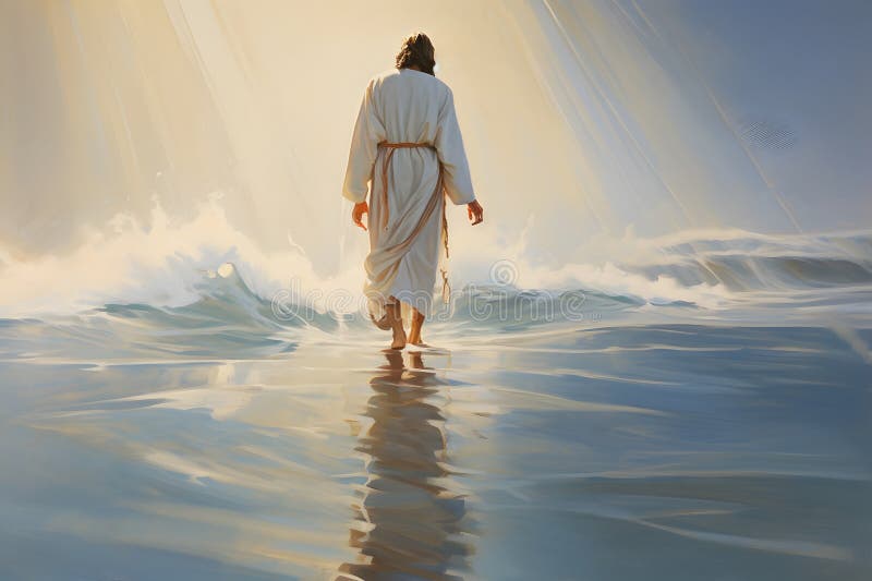 Back View of Jesus Christ Walking on Water at Sea Stock Illustration ...