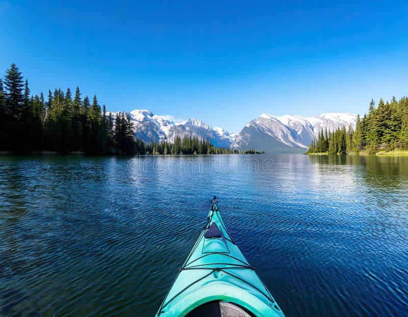 Back View of a Kayak Floating on a Calm Lake with Mountains and Pine ...