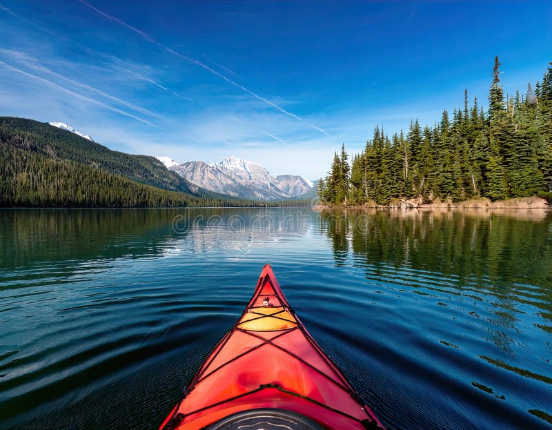 Back View of a Kayak Floating on a Calm Lake with Mountains and Pine ...