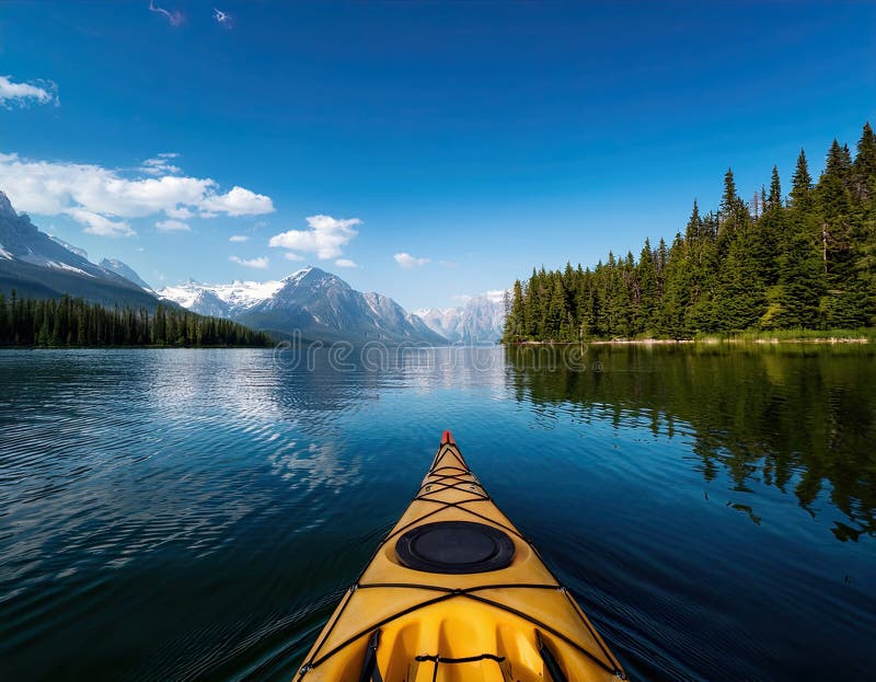 Back View of a Kayak Floating on a Calm Lake with Mountains and Pine ...