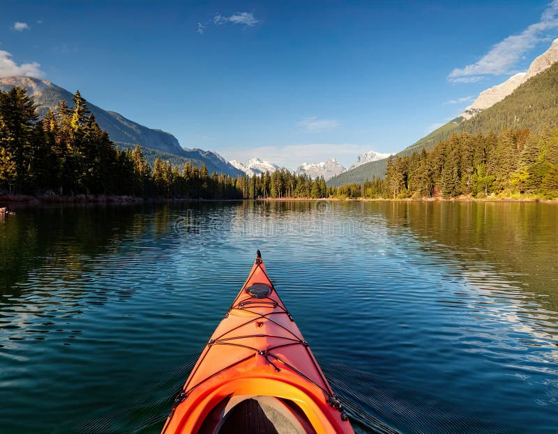 Back View of a Kayak Floating on a Calm Lake with Mountains and Pine ...