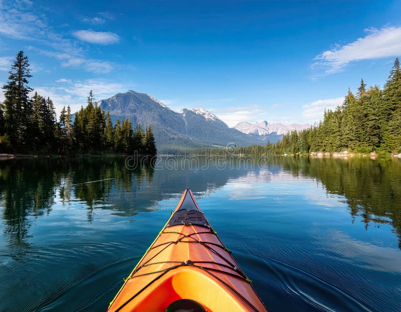 Back View of a Kayak Floating on a Calm Lake with Mountains and Pine ...