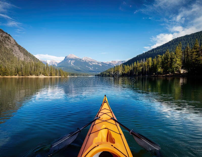 Back View of a Kayak Floating on a Calm Lake with Mountains and Pine ...