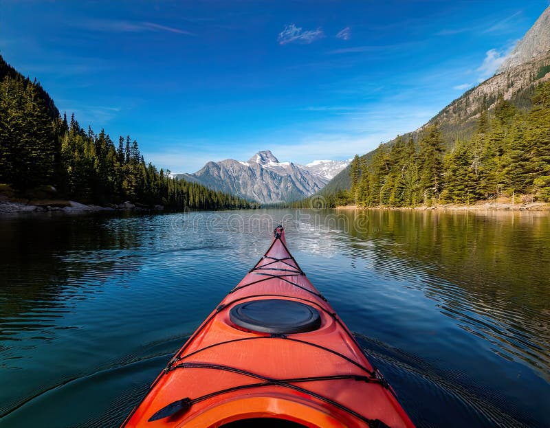 Back View of a Kayak Floating on a Calm Lake with Mountains and Pine ...