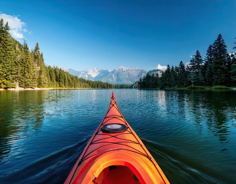 Back View of a Kayak Floating on a Calm Lake with Mountains and Pine ...